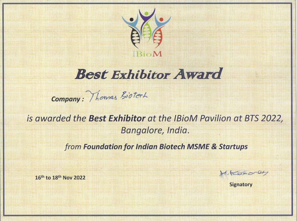 Best Exhibitor Awards at the Bengaluru Tech Summit 2022 - Thomas Biotech